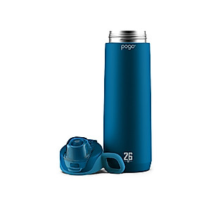 Pogo Active Vacuum Insulated Stainless Steel Water Bottle with Leak Proof Chug Lid and Silicone Carry Loop, Powdercoat, Poseidon, 26 oz