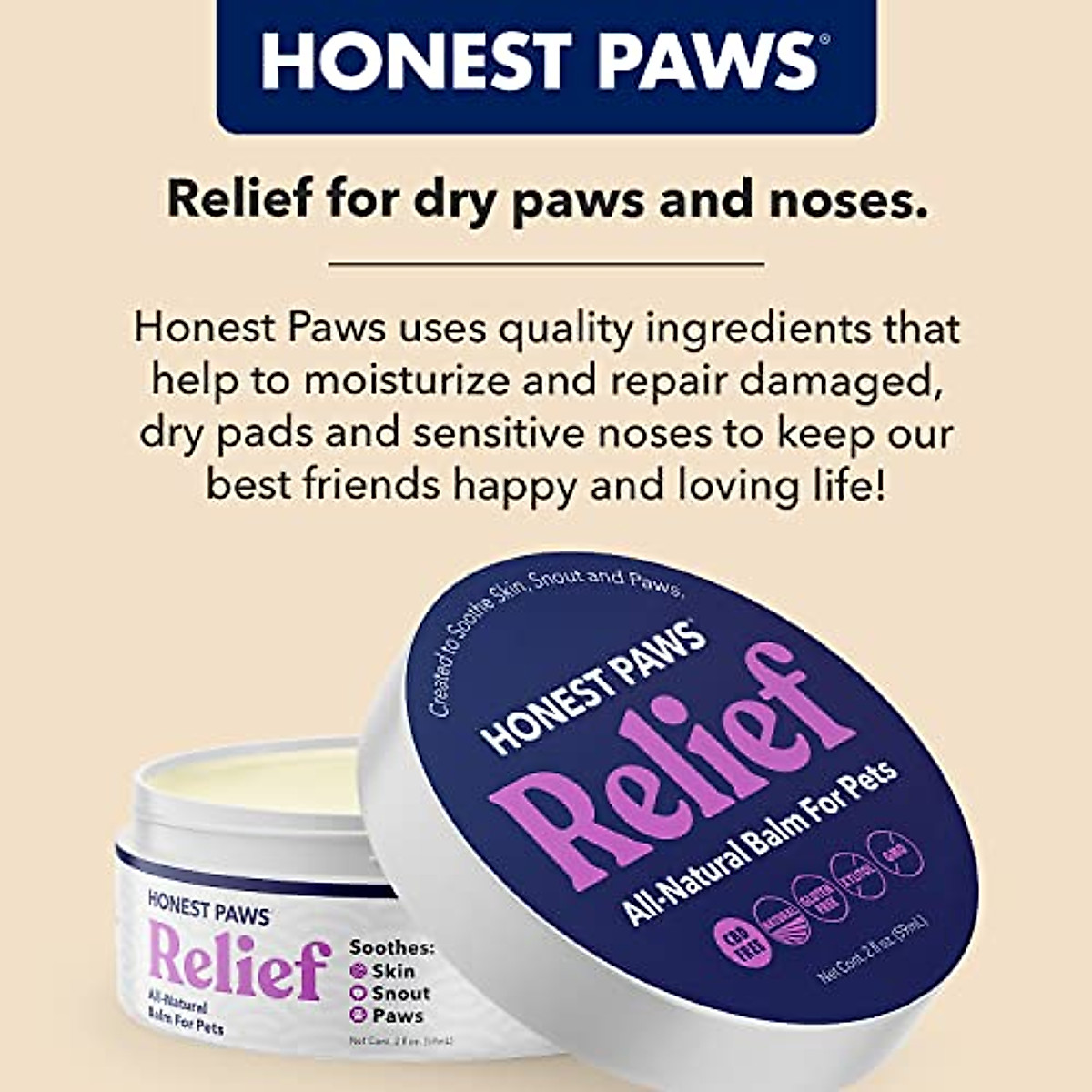 Honest Paws Dog Paw Balm - Pad Relief Soother Moisturizer Protection Wax - All Natural All Weather Foot Butter Heals Repairs Pet Paws and Noses from Heat and Cold – 2 Oz