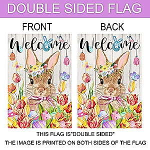 Easter Flag, Easter Flags for Outdoors 28 x 40 Double Sided, Burlap Welcome Easter House Flag with Bunny Eggs Tulips Flowers Spring Farmhouse Signs Banners for Outside Lawn Garden Décor