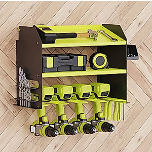 Luffioner Drill Storage Rack，Power Tool Organizer Drill Holder Wall Mount， Drill Organizer for Garage, Workshop,Drill Bit Storage Shlef, Holds 4 Drills with Screws Box Father's Day Gifts (Green)