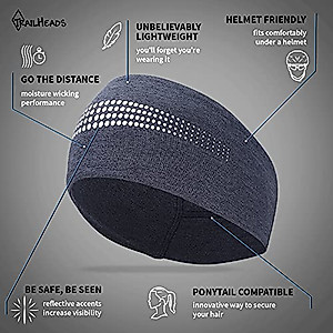 TrailHeads Womens Ponytail Headband - Reflective, Moisture Wicking Hair Headband for Running, Winter - Adrenaline Series - Black/Heather Navy Reflective - 2 Pack