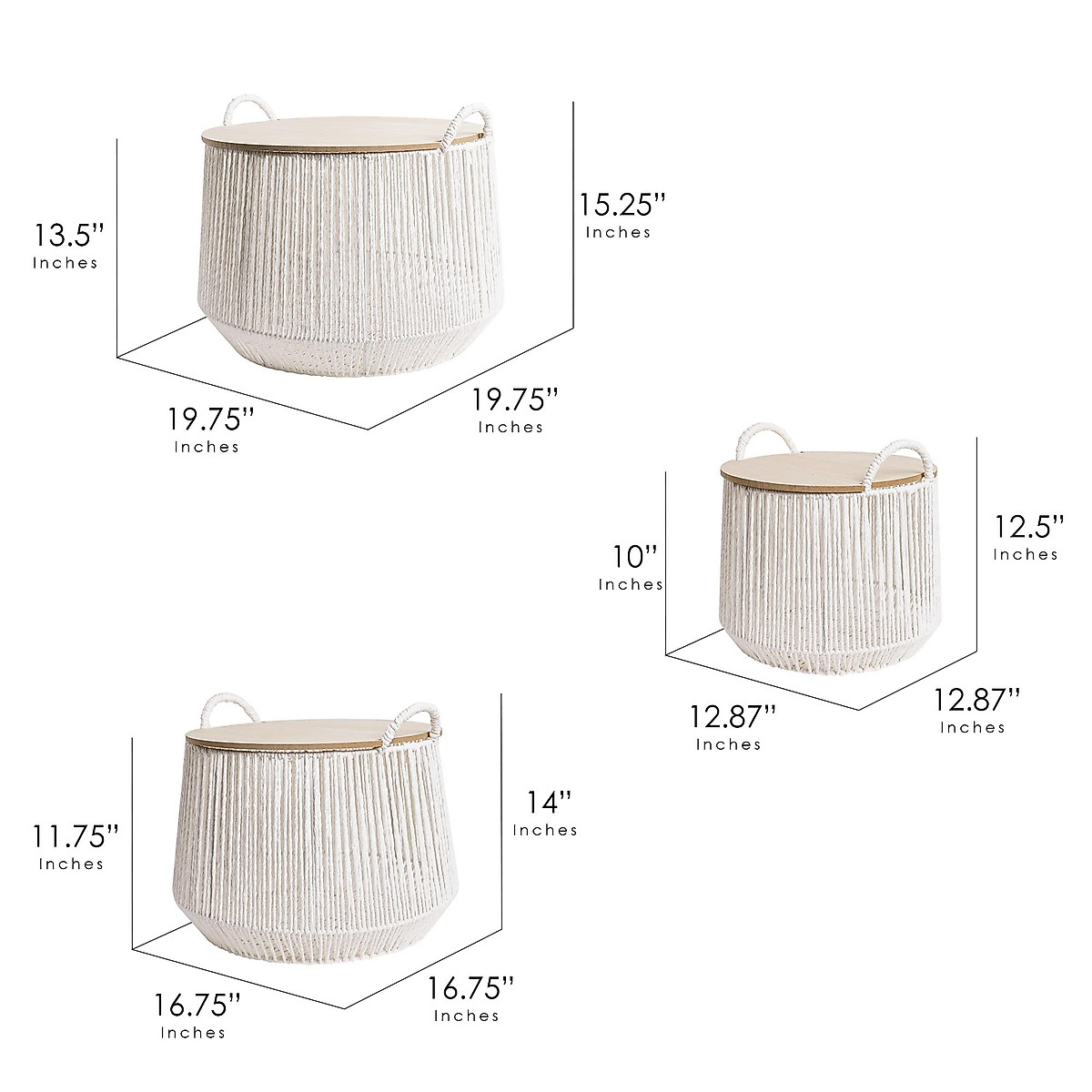 American Art Decor Boho White and Natural Paper Rope Woven Storage Baskets with Wooden Lids Set of 3, Round Decorative Organizer Bin for Laundry, Clothes, Blankets, Toys