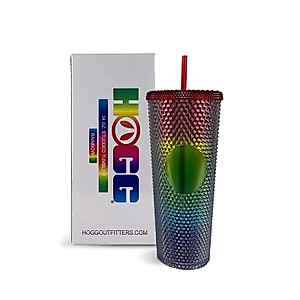 Hogg 24oz Studded Tumbler - Rainbow, Iced Coffee Cups with Lids Reusable, 24 oz Tumbler with Lid and Straw, Venti Reusable Iced Coffee Cup, Bling Cup, DIY Circle for Vinyl or Stickers, Rainbow Tumbler