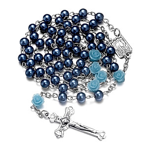 Pearl Rose Beads Rosary Catholic Necklace Holy Soil Medal Cross Crucifix-6 Packs
