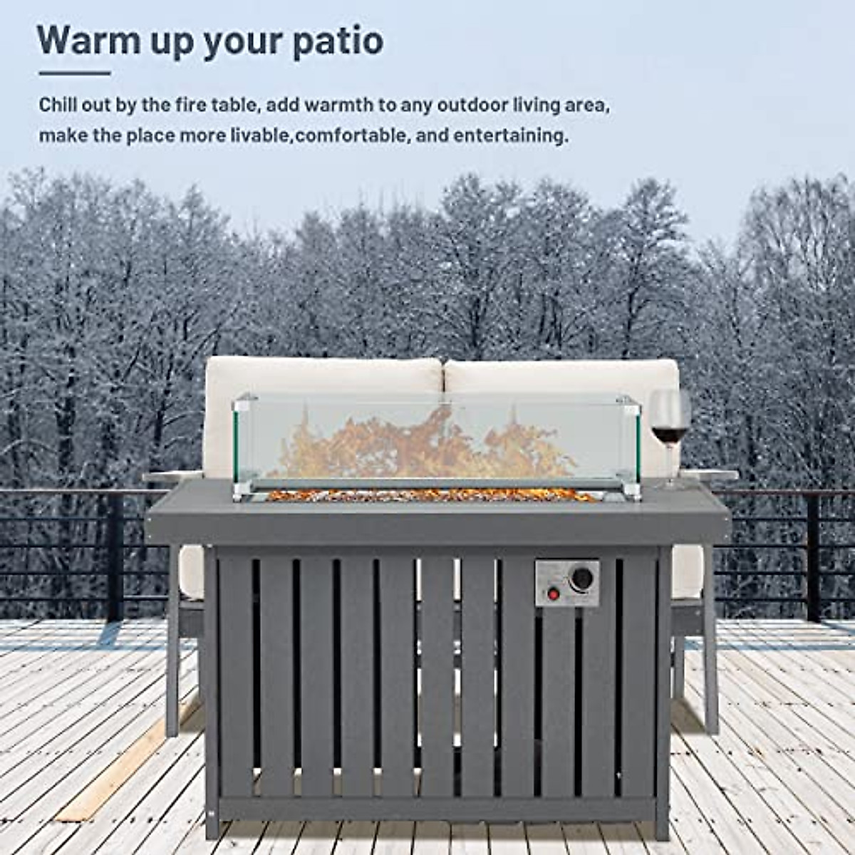 43'' Propane Fire Pit Table, 50,000 BTU Gas Fire Pit , CSA Certified Outdoor Patio Fire Table with Glass Wind Guard, Fire Glass and Lid, Safe for Garden Deck Patio Backyard (Grey)