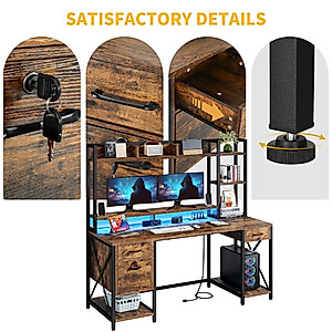 DWVO Computer Desk with Drawers & Hutch, 59.1" Office Desk with Power Outlets & LED Lights, Home Office Desk with Storage Shelves, Rustic Brown