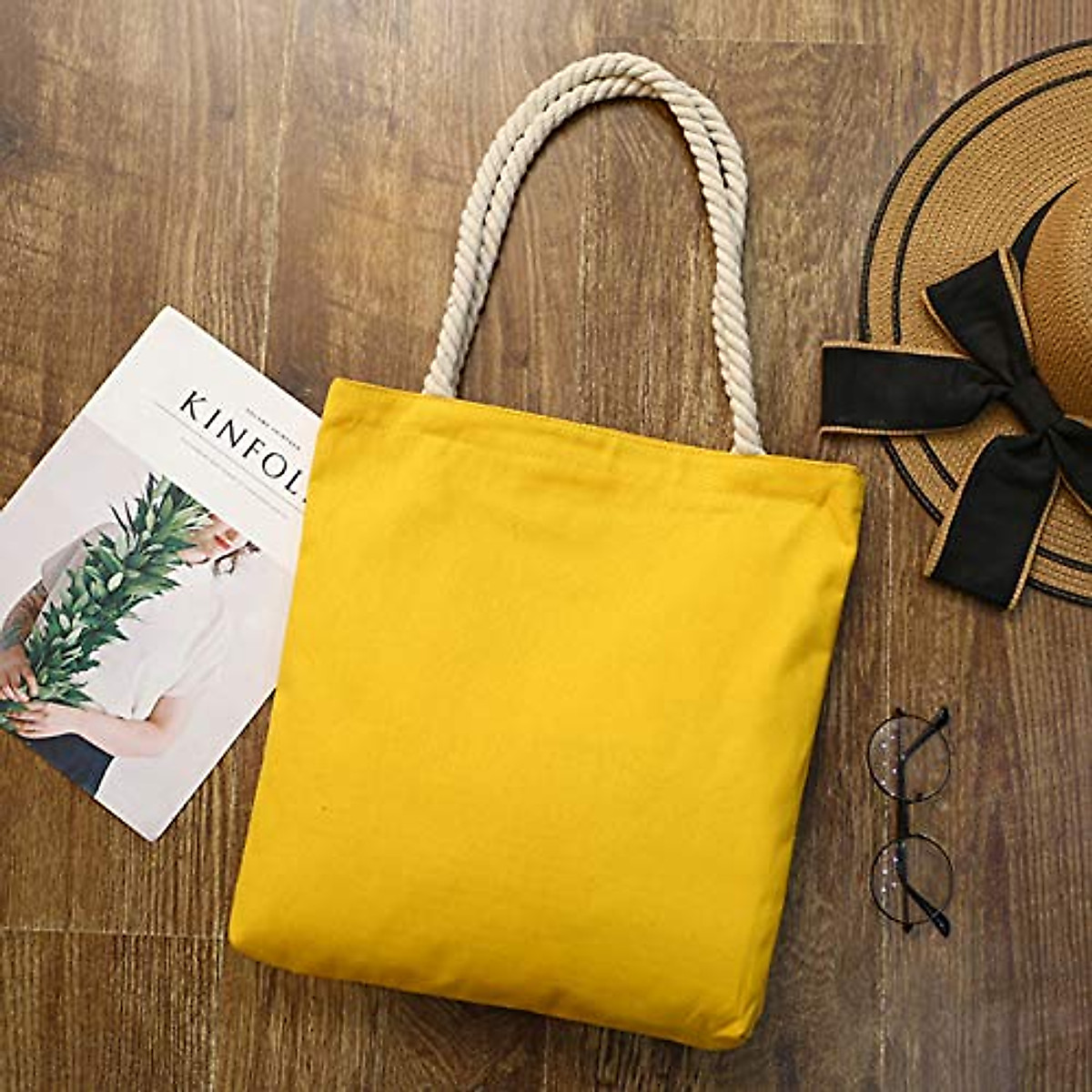 Zipper Canvas Tote Bag with Inner Pocket, Portable and Ecofriendly, Cat-yellow, 14.6" x 13.6" x 2?