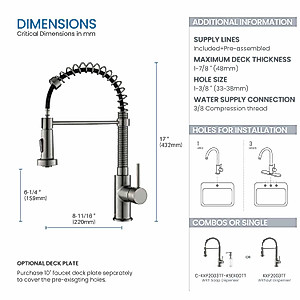 KIBI Aurora Single Handle Spring Pull Down Faucet for Kitchen Sink | Solid Brass High Arc Faucet Spout | Kitchen Faucet with Pull Down Sprayer (Titanium) (KKF2003) (Soap Dispenser included)