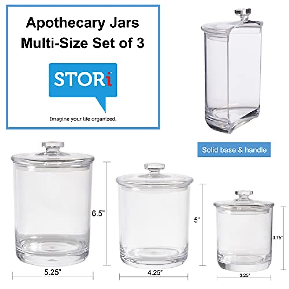 STORi 3-Pack Premium Quality Qtip and Cotton Ball Holders | 15-oz, 30-oz, and 60-oz Clear Plastic Apothecary Jars with Lids | Perfect Containers for Bathroom and Vanity | Set of 3