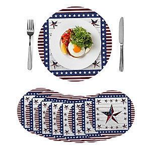 Round Placemats for Dining Table Set of 6 American Flag Patriotic Stars July 4th Place Mats Circle Woven Placemat Love American Wooden Patriotic Braided Table Mat for Kitchen Dinner Party 13 Inch