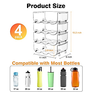 Hyperzoo Water Bottle Organizer, Water Bottle Holder, Plastic Stackable Water Bottle Storage Rack for Kitchen Cabinets/Countertop/Refrigerator/Pantry Storage/Home Organization and Storage, Clear-4pack