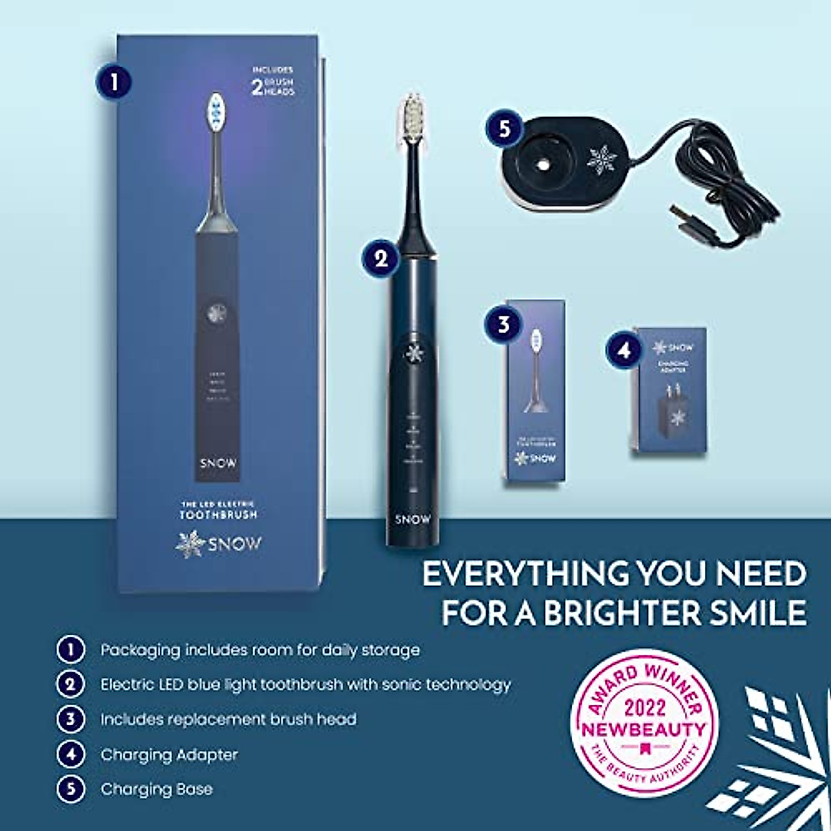 Snow LED Electric Toothbrush - Rechargeable Electronic Brush for Adults - Sonic Technology w/LED Light Whitening & Cleaning Powered w/Sonic Technology for Oral Routine - Polar Blue