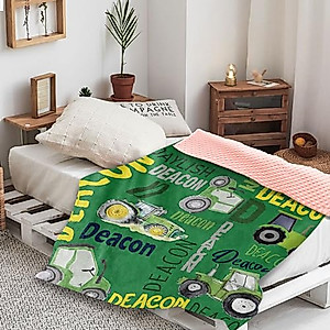 Custom Tractors Blanket - Farm Tractor Trucks Design with Personalized Names - Soft Plush Flannel Throw Blanket with Double Layer Dotted Backing for Baby Kids Teen Boys Girls Gifts Green