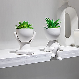 VENY TAYA 2 PCS Unique Artificial Plants Succulents Office Decor for Women and Men, Small Fake Plants with Human-Shaped Pots, Cute Faux Plants Indoor for Office or Home Decoration, White