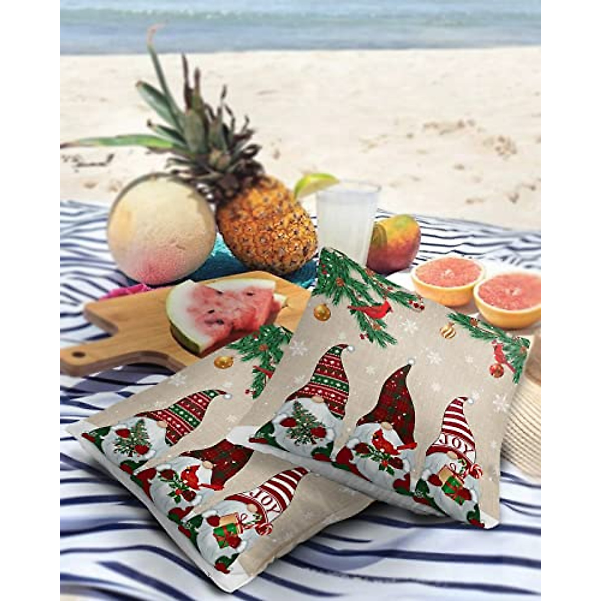 Christmas Gnomes Outdoor Pillow Covers 16 x 16 Inches, Winter Snowflake Waterproof Throw Pillow Cover Set of 2, Xmas Balls Pine Cone Home Decorative Square Cushion Covers for Patio/Tent/Couch/Garden