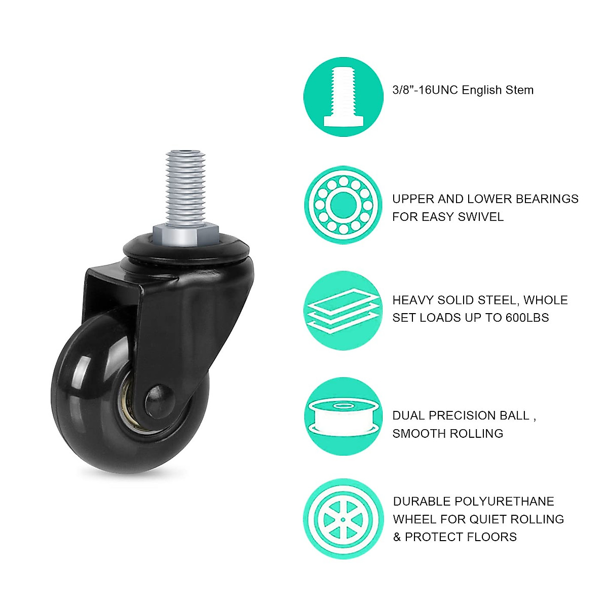 Hirate 5 Pack Office Chair Casters with 3/8"-16UNC Threaded Stem(English Unit), 2" Durable Swivel Stem Gaming Chairs Casters Replacement Smooth Rolling Safe for Hardwood Tile Floors