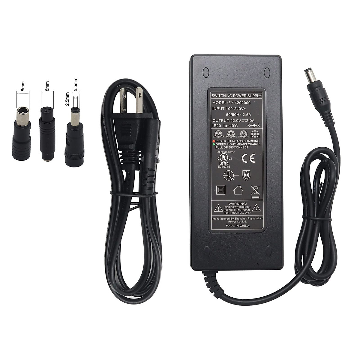 36V Lithium Battery Charger Output 42V 2A for 36V 10S Lithium Batteries Pack DC 5.5 * 2.1 Plug with 5.5 * 2.5mm /8mm RCA /8mm Female 3-Pin Inline Tips