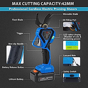 KOMOK Professional Cordless Electric Pruning Shears Secateurs, Smart Garden Orchard Tools 2 Rechargeable 2Ah Battery Tree Branch Pruner with Power Display 42mm/1.65", 8-10 Working Hours