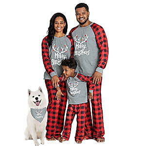 IFFEI Matching Family Pajamas Sets Christmas PJ's with Letter and Plaid Printed Long Sleeve Tee and Bottom Loungewear Women-Medium Grey