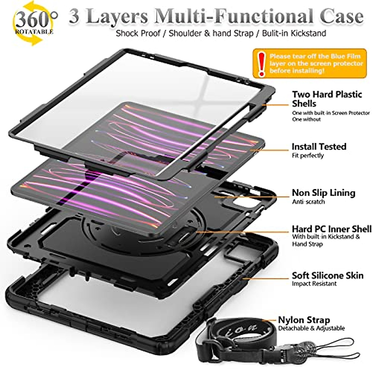 SEYMAC stock iPad Pro 12.9 Case (6th/5th/4th/3rd Gen), [Full-Body] Drop Protection Case with [Screen Protector] 360 Rotating Stand [Pencil Holder] Hand Strap for iPad Pro 12.9''2022-2018 (Black)