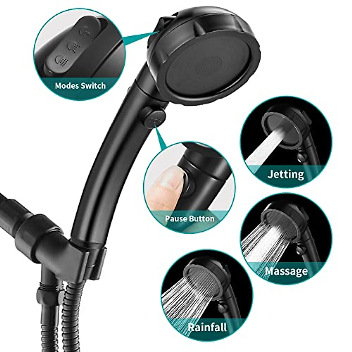 MIAOHUI Modern Handheld Shower Head with On/Off Switch, 3 Spray Settings, Removable Shower Head with Hose, Angle Adjustable Shower Bracket, Teflon Tape, Black