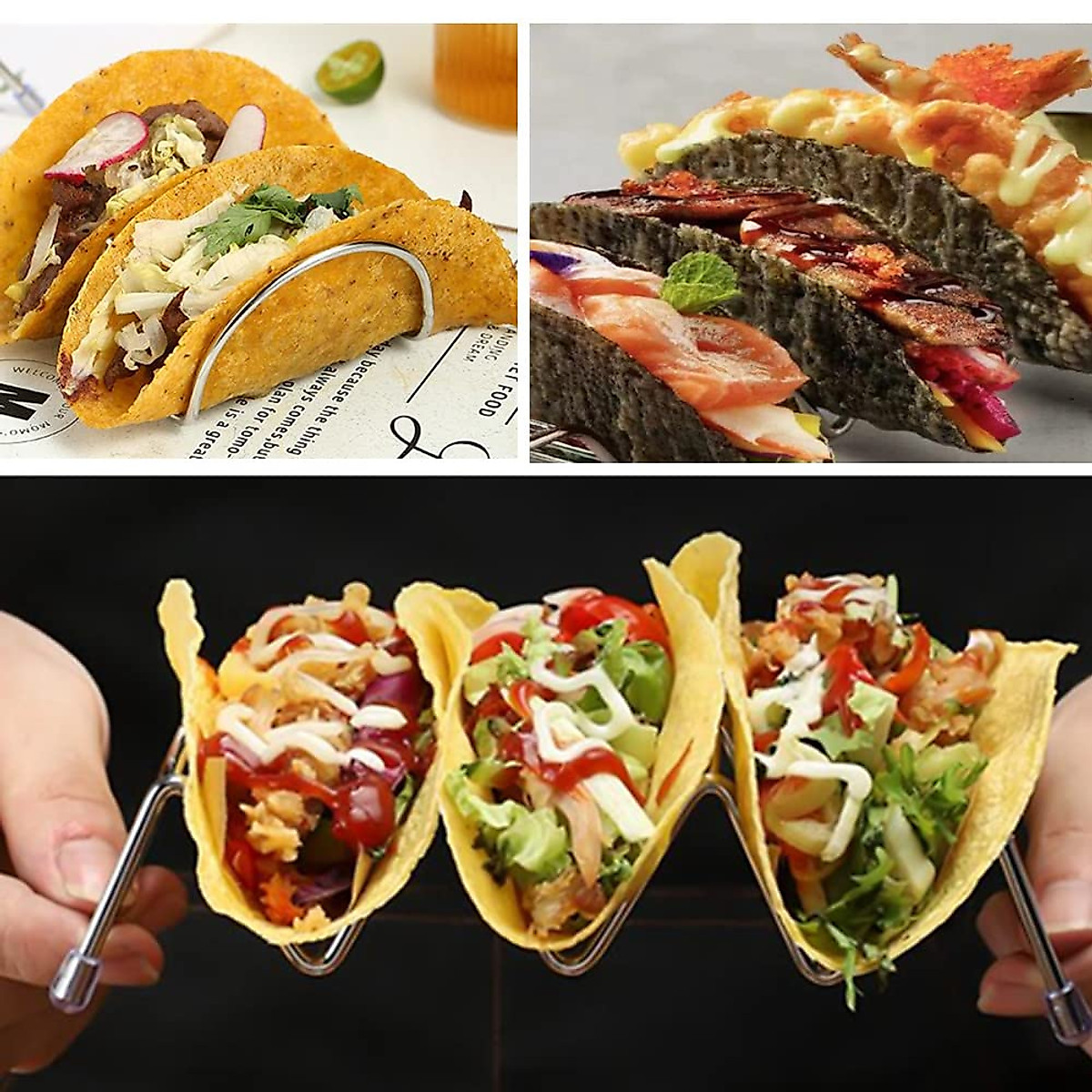Stainless Steel Taco Holder Stand for 3-4 Tacos Each, Wider Metal Tortilla Tray Holder Rack for Serving Tacos Plates, Taco Shell Mold