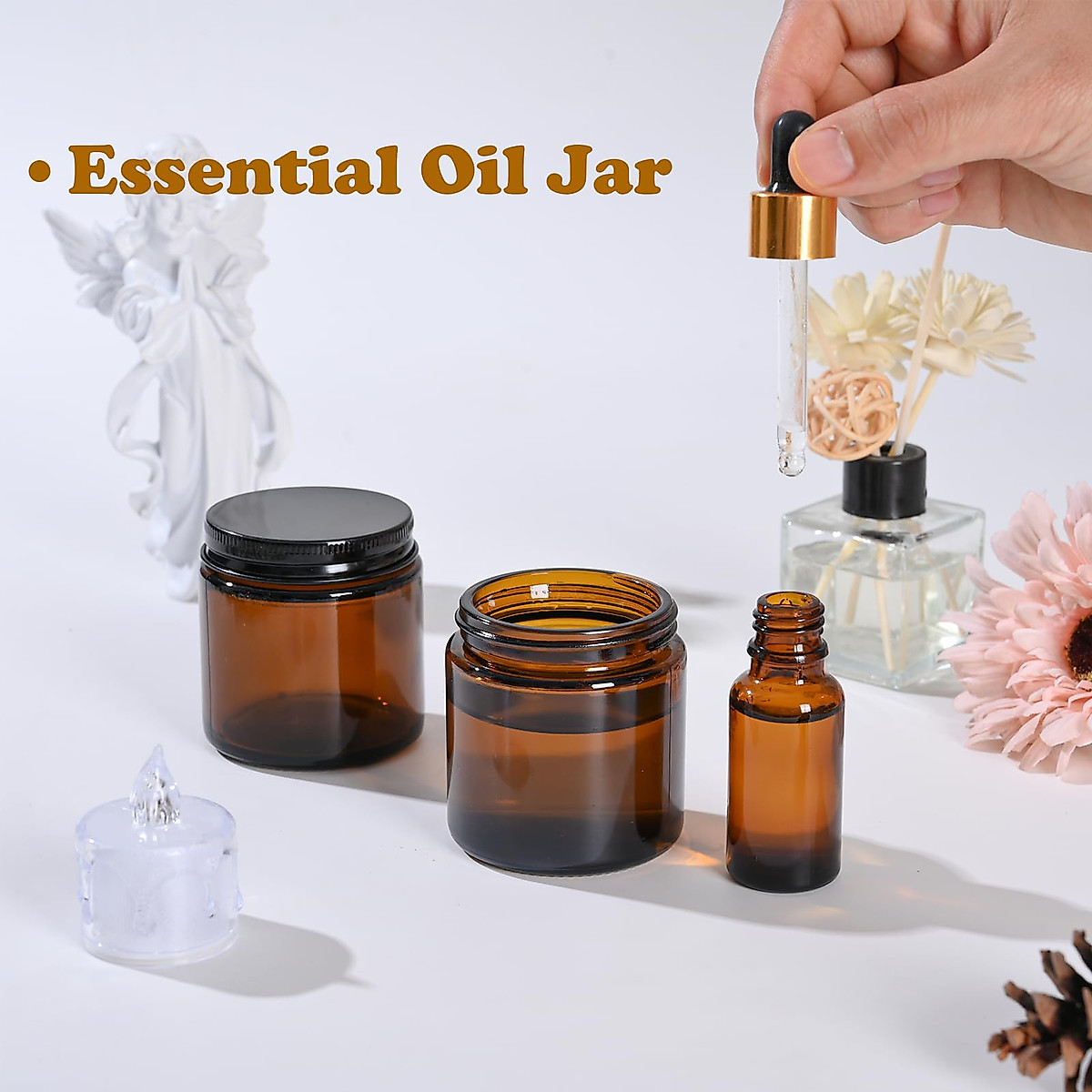 Roemey 4oz Amber Glass Jars with Lids, Candle Jars with Metal and Plastic Lids, 12 Pack Glass Cosmetic Containers with Inner Liners for Creams, Lotions, Bath Salts, Essential Oil