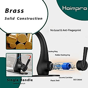 Hoimpro Modern Single Handle Black Bathroom Faucet Bar Sink Fauet Bathroom Sink Faucet Single Hole or Single Handle Gooseneck Kitchen Faucet with cUPC Water Lines, Matte Black/Brass