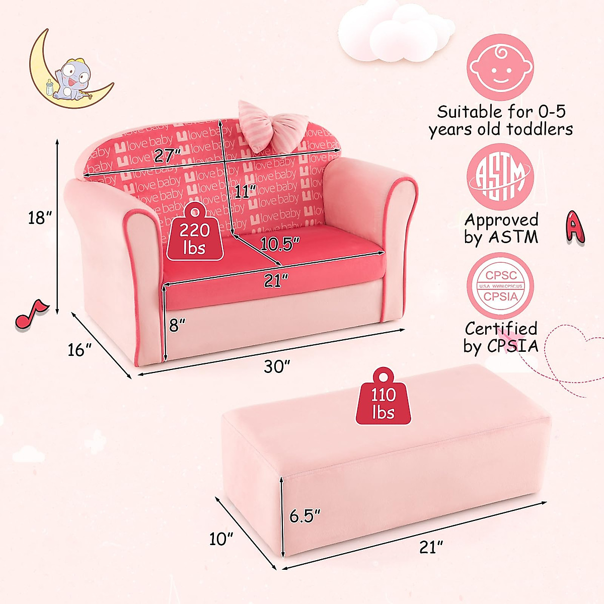 Costzon Kids Pink Couch, Toddler Mini Sofa for Kids Loveseat Aged 1-3, Upholstered Armchair with Velvet Surface & High-Density Sponge, Children's Sofa for Preschool Bedroom Playroom Gift Presents