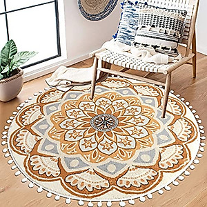 Uphome Round Rug 4ft Yellow Circle Boho Rug with Pom Pom Fringe Non-Slip Washable Living Room Rug Soft Cute Blooming Mandala Throw Rug for Kid's Room Bedroom Entryway Nursery