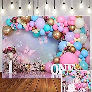 Pink Gold Balloon Girl First Birthday Party Backdrops Sweet One Wonderland Flowers Butterfly Photography Background Birdcage Princess Birthday Decorations Newborn Baby Shower Cake Smash Banner 7x5ft…