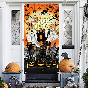 Avezano Halloween Door Decorations Happy Halloween Door Cover Haunted House Scary Cemetery Halloween Door Banner Sign Halloween Decorations Indoor Outdoor (Orange)