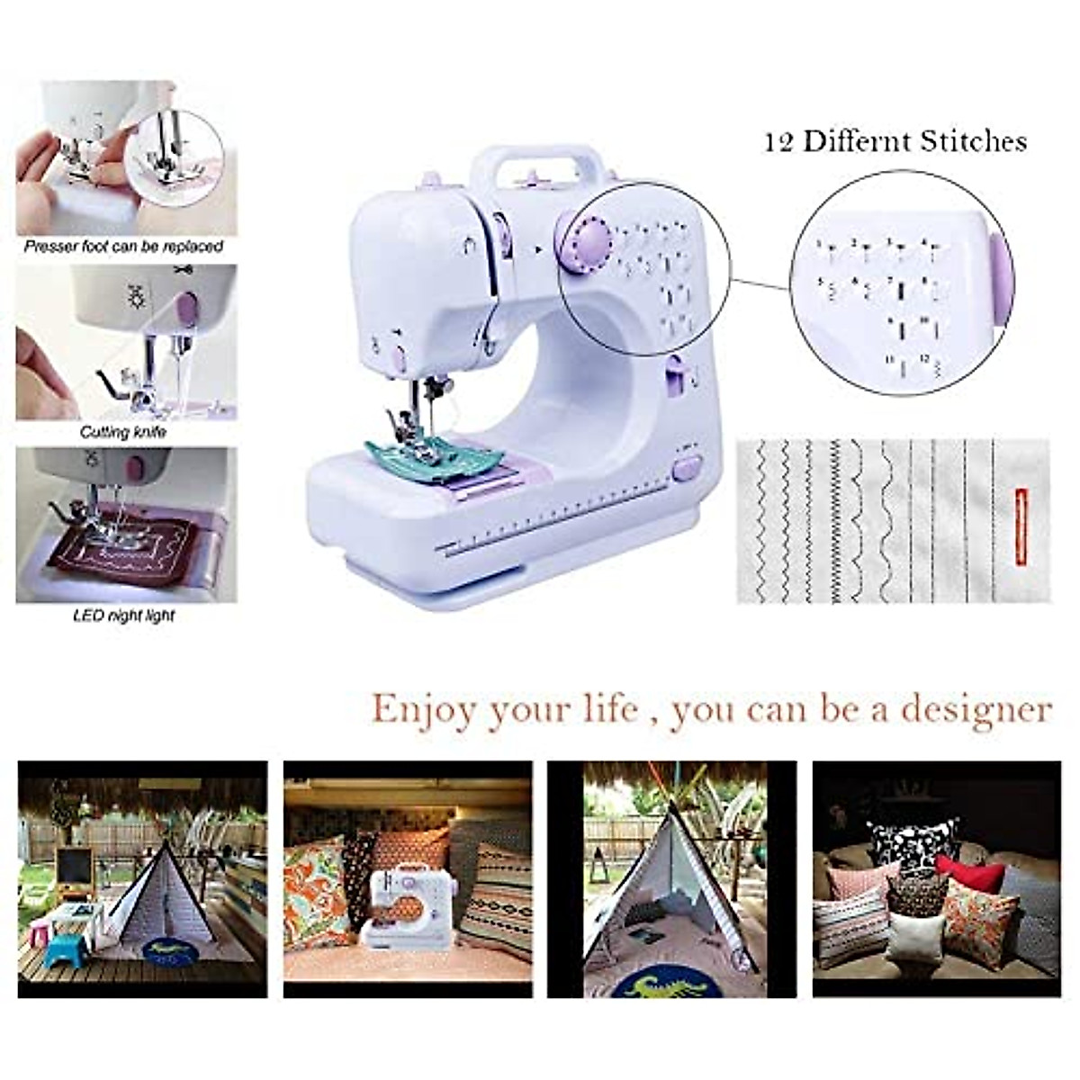 12 Stitch Multi-Function Sewing Machine, Household Sewing Machine, Electric Sewing Machine, Portable Sewing Machine,Double-line Two-speed Reverse Stitch