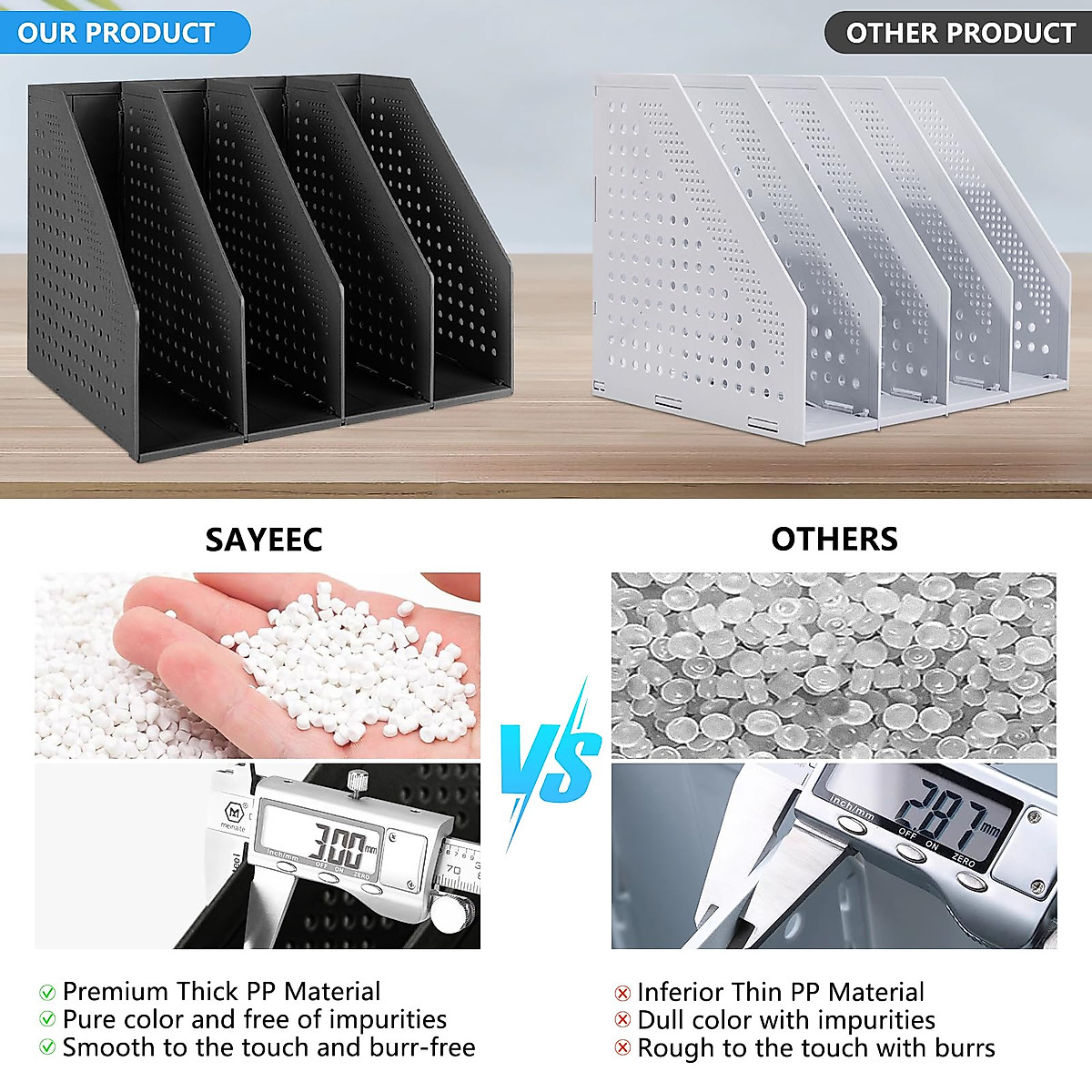 SAYEEC Collapsible Magazine Holder Plastic Desktop 4 Compartment File Rack Magazine Organizer Vertical File Divider Sorter Storage Document Organizer for Office Home School Black