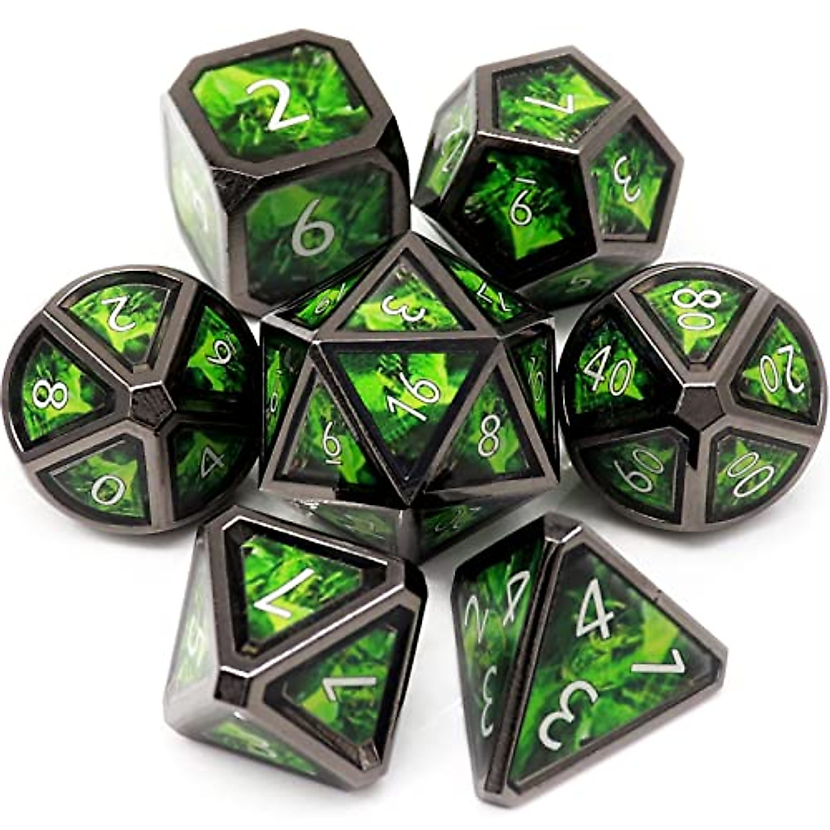 Haxtec Metal Dice Set D&D Acid Splash Real Scene Black Green Polyhedral DND Dice W/PU Leather Dragon Eye Dice Bag for TTRPG Dungeons and Dragons Gifts