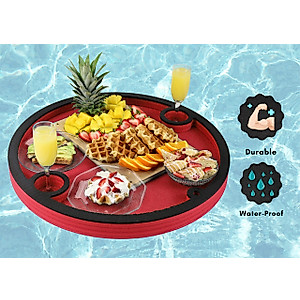 Polar Whale Floating Breakfast Table Serving Buffet Red and Black Round Tray Drink Holders for Swimming Pool Beach Party Float Lounge Refreshment Durable Foam UV Resistant with Cup Holders 24 Inches