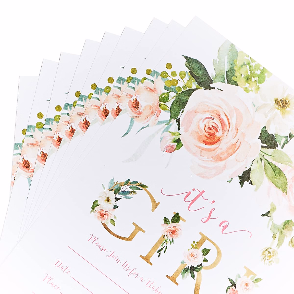 All Ewired Up 25 Pink It's A Girl Baby Shower Invitations with Envelopes (Large Size 5x7) Boxed Set, Double-Sided, Boho Floral Greenery, Sprinkle, Blush Boho