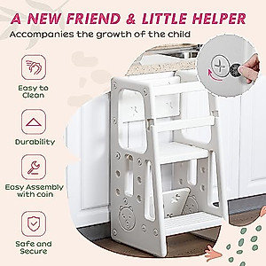 Qaba Toddler Tower with Adjustable Height, Toddler Kitchen Stool Helper with Anti-Slip Mat, Step Stool for Kitchen, Bathroom, White