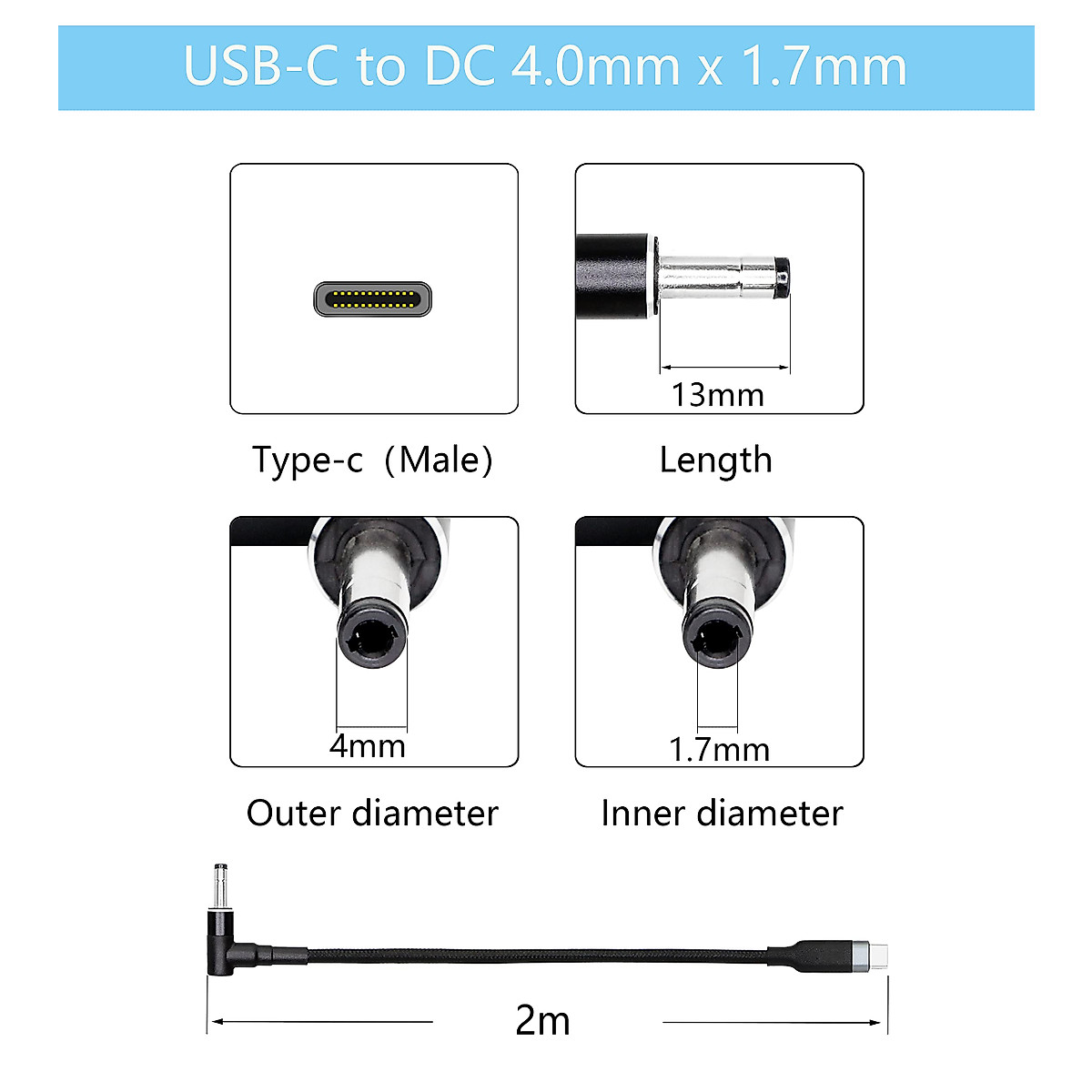 CERRXIAN 6.5ft 100W PD USB Type C Male Input to 90 Degree DC 4.0 x 1.7 mm Male Power Charging Cable (4017-100W)