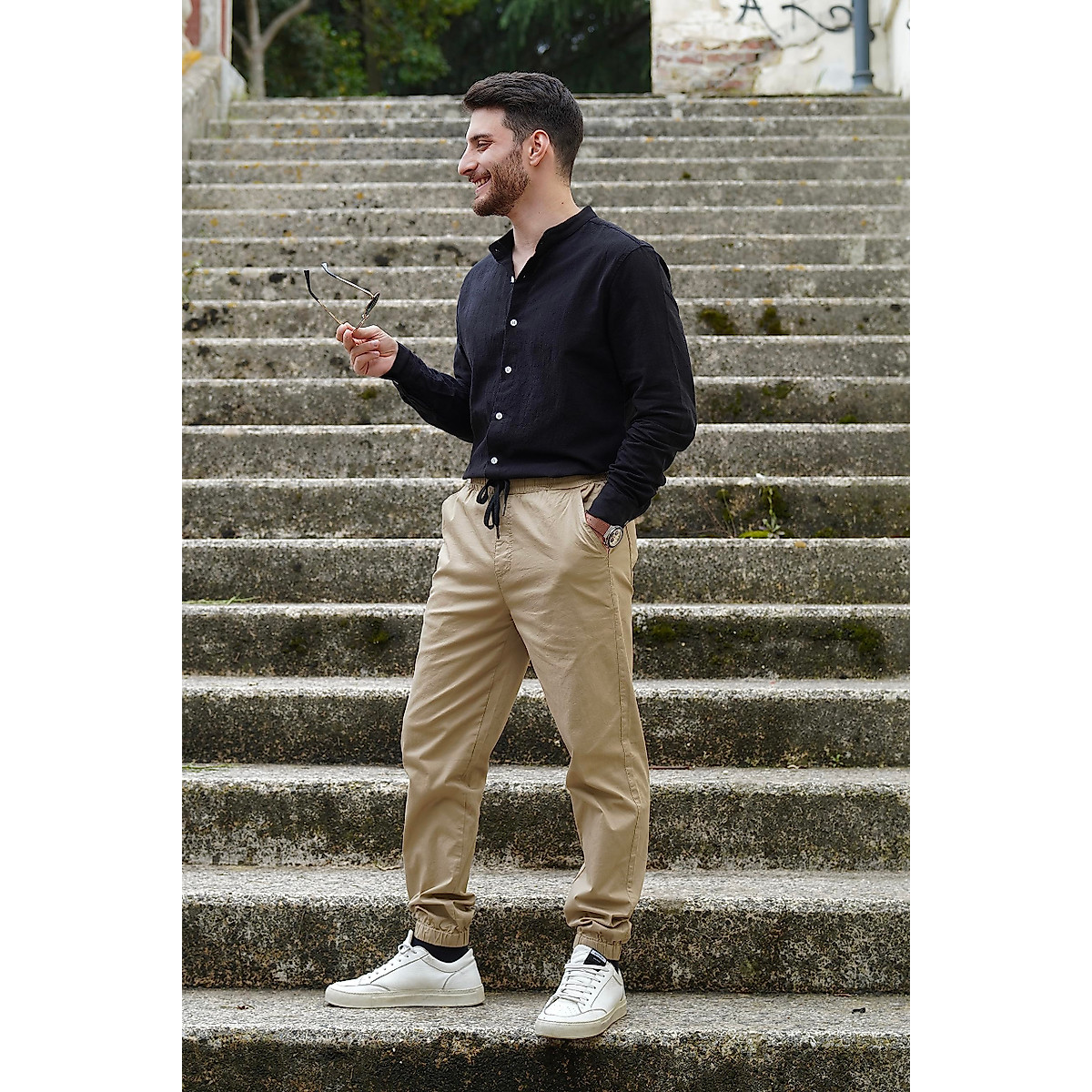 JMIERR Men's Casual Joggers Pants - Cotton Drawstring Chino Cargo Hiking Outdoor Twill Track Sweatpants with Pockets, Relaxed Fit, US 34(M), Khaki.