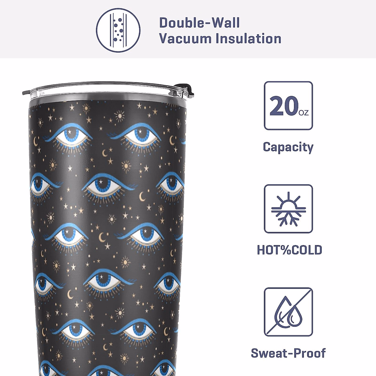 Evil Eye Vector Stainless Tumbler Insulated Coffee Cups with Lid and Straw Travel Mug for Hot and Cold Drinks 20oz