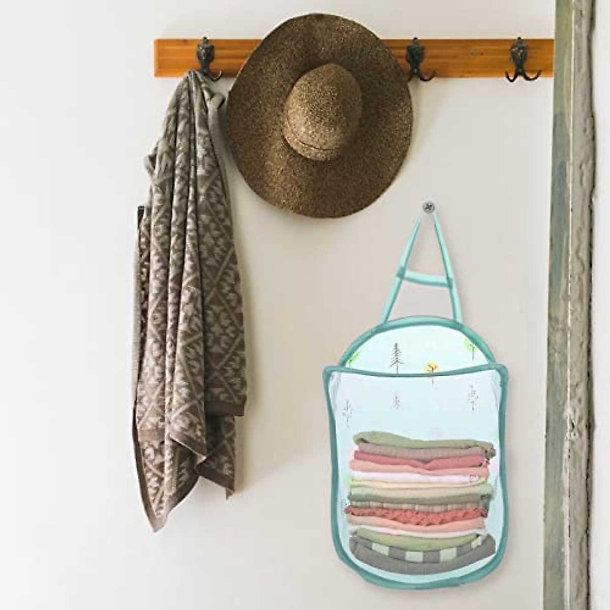 DOITOOL Collapsible Laundry Baskets Hanging Laundry Hamper, Cute Cartoon Pattern Foldable - up Mesh Hamper Dirty Clothes Basket with Carry Handles, Bathrom Dirty Clothes Hamper Green Rv Storage