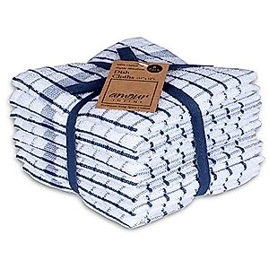 AMOUR INFINI Grid Terry Dish Cloth | Set of 8 | 12 x 12 Inches | Low Lint, Super Soft and Absorbent |100% Cotton Dish Rags | Perfect for Household and Commercial Uses | Blue