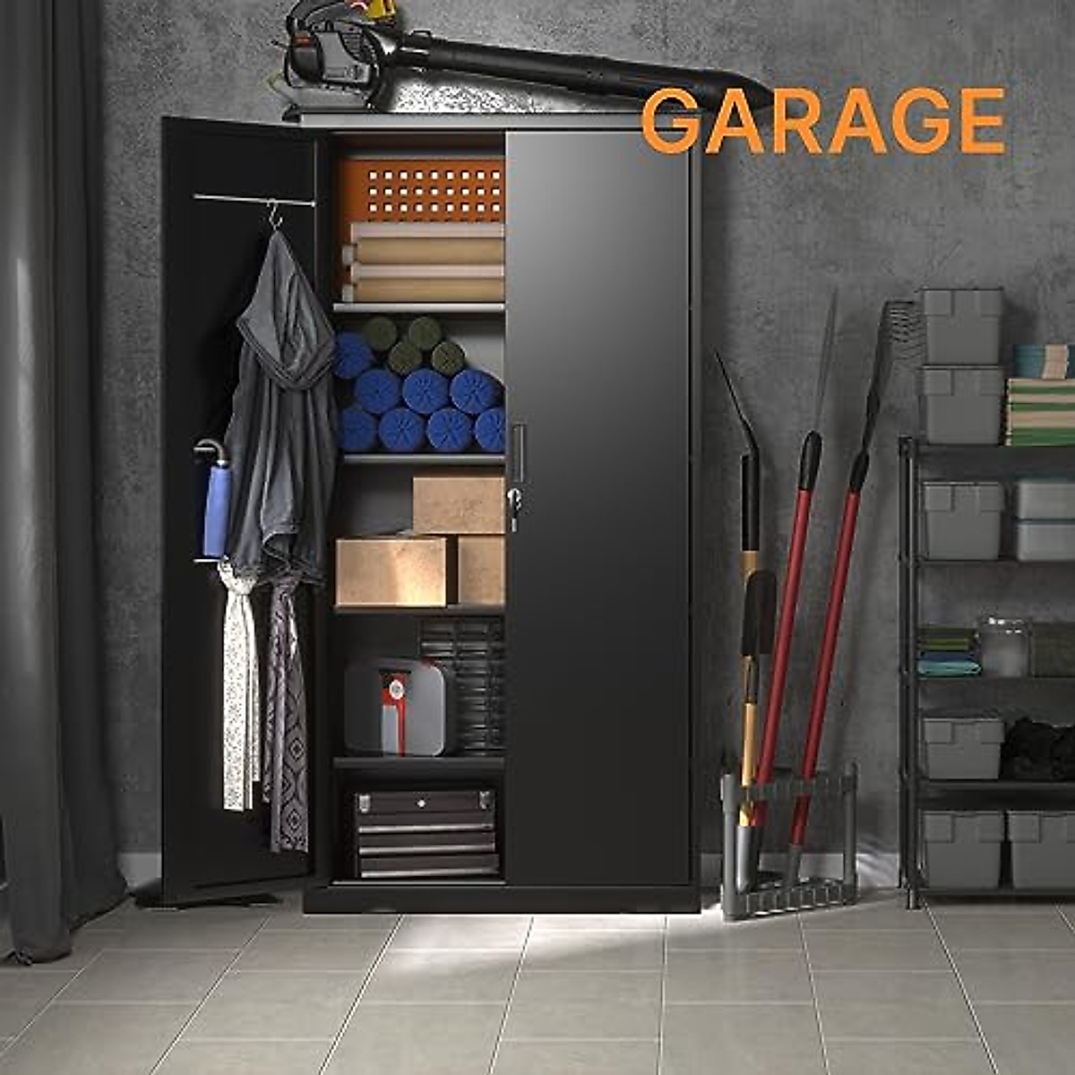 Metal Storage Cabinet - 72-Inch Black Lockable Garage Cabinet with Doors