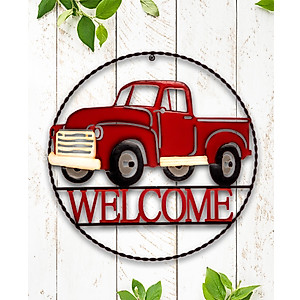Glitzhome 23.75" L Welcome Metal Rustic Red Truck Wall Decor, Welcome Hanging Sign Decoration for Home Outdoor Indoor