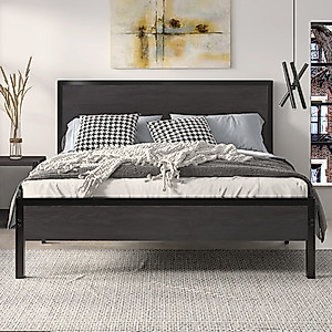 SHA CERLIN Full Bed Frame with Headboard, Heavy Duty Platform Bed with Under-Bed Storage, Solid Wood Slats & Metal Construction, No Box Spring Needed, Easy Assembly, Black Oak
