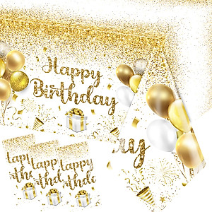 Happy Birthday Tablecloths,Gold and White Birthday Party Decorations 3pcs Gold Confetti Disposable Table Cover for Indoor or Outdoor Girls Boys Women Men’s 21st 30th 50th Birthday Party