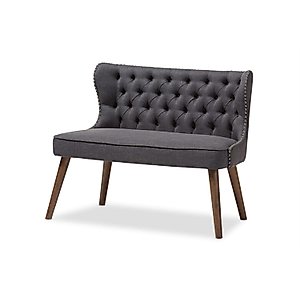 Baxton Studio Scarlett Mid-Century Modern Brown Wood and Dark Grey Fabric Upholstered Button-Tufting with Nail Heads Trim 2-Seater Loveseat Settee