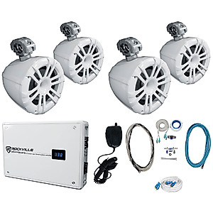 Memphis Audio 4 MXA82TW 8" Marine Wakeboard Tower Speakers/LED+Swivel White Bundle with Rockville Krypton MF3 Amplifier, RMWK4 Amp Install Wire Kit & MRCA25 RCA Cable (7 Items)