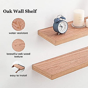Oak Floating Shelves, 8 Inch Deep Floating Shelf Wall Mounted, 24 Inch Long Wooden Wall Shelf Set of 2, Farmhouse Rustic Hanging Shelving for Kitchen, Bedroom, Living Room, Natural Oak Color
